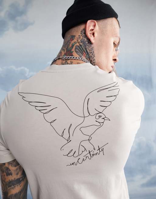 ASOS DESIGN standard fit t-shirt in beige with eagle line drawing back ...