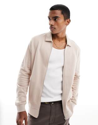 ASOS DESIGN standard jersey harrington jacket in beige | ASOS