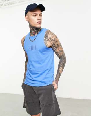 ASOS DESIGN standard tank top in blue with Brooklyn text chest print | ASOS