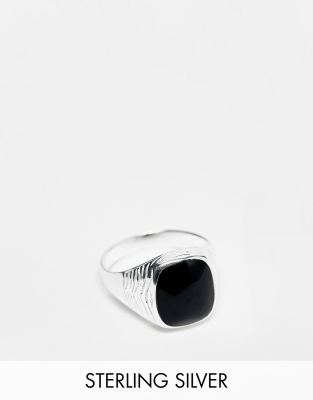 ASOS DESIGN sterling signet ring with embossed shoulders and black ...