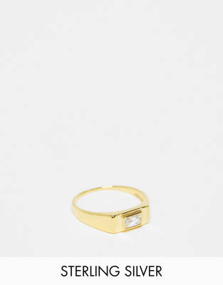 ASOS DESIGN sterling silver pinky ring with crystal in 14k gold plate ...