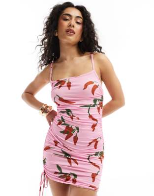 ASOS DESIGN strappy square neck ruched side mini dress in chilli print ...