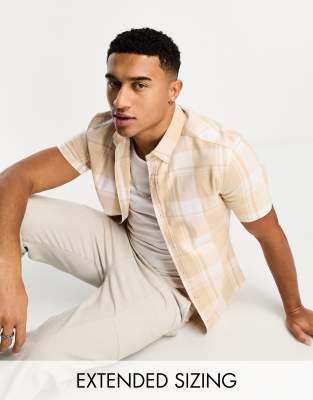 ASOS DESIGN stretch skinny check shirt in beige | ASOS