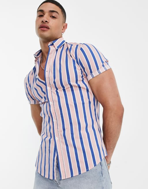 ASOS DESIGN stretch skinny stripe shirt in pink & navy | ASOS