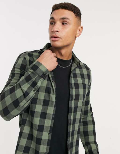 ASOS DESIGN stretch slim buffalo check shirt in khaki | ASOS