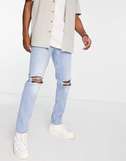 ASOS DESIGN stretch slim jeans in light wash with knee rips and thigh ...