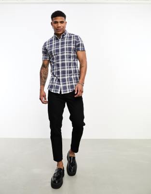 ASOS DESIGN stretch slim plaid shirt in navy | ASOS