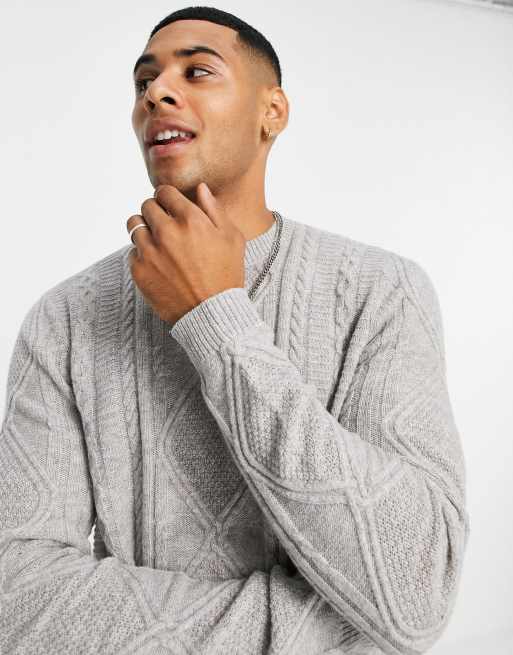 Asos Design Strickpullover Aus Lammwolle In Grau Mit Zopfmuster Und