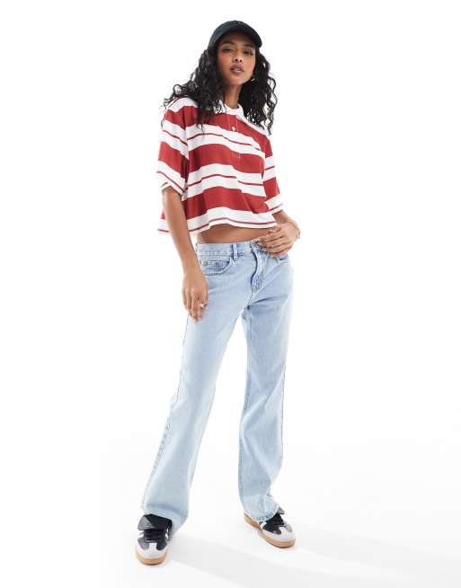 ASOS DESIGN stripe rugby polo crop top in red | ASOS