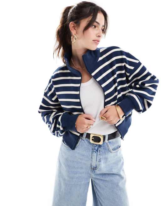 ASOS DESIGN striped crop zip up sweatshirt in navy | ASOS