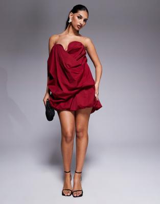 ASOS DESIGN structured bust puffball bandeau mini dress in burgundy | ASOS