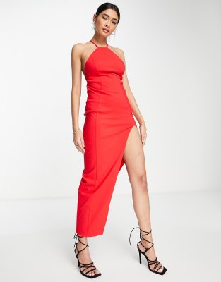 Asos Design Structured Halter Midi Dress With Tie Back In Red Modesens