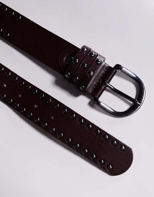 ASOS DESIGN studded belt in burgundy faux leather | ASOS