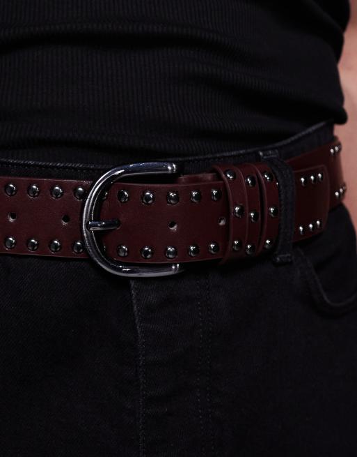 ASOS DESIGN studded belt in burgundy faux leather | ASOS