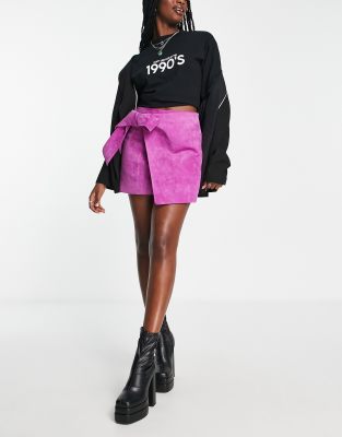 ASOS DESIGN suede wrap mini skirt with tie detail in magenta | ASOS