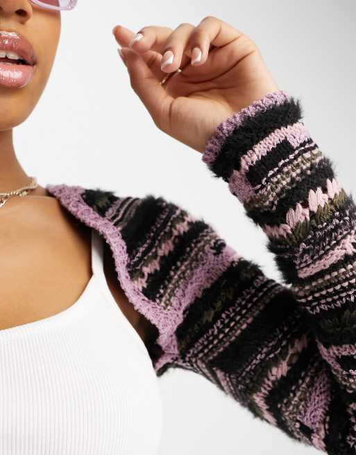 ASOS DESIGN super crop cardigan in multi stripe in black and purple | ASOS