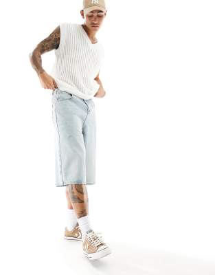 ASOS DESIGN super long length denim jorts with abrasions in light wash ...