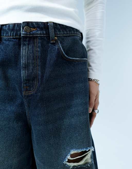 ASOS DESIGN super long length denim jorts with abrasions in vintage ...