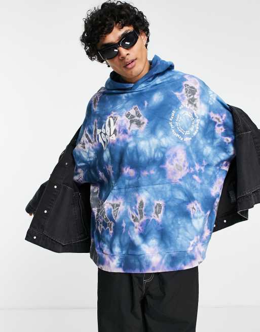 Asos Design Super Oversize Kapuzenpullover In Blau Mit Batikmuster