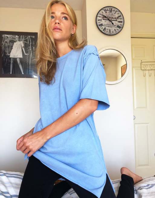 Asos Design Super Oversized T Shirt With Exposed Seams In Washed Blue