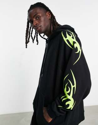 ASOS DESIGN super oversized zip through hoodie in black with neon ...