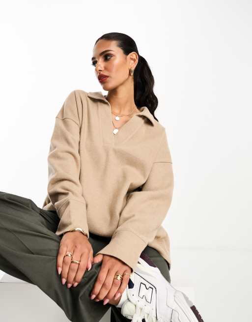 ASOS DESIGN super soft longline rugby collar sweater in camel - part of ...
