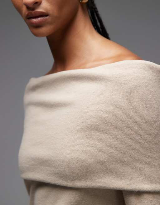 ASOS DESIGN Supersoft fold over off shoulder top in beige | ASOS