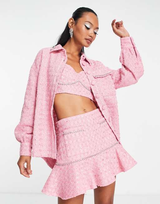 ASOS DESIGN - Surchemise d'ensemble en tissu bouclé avec détails en strass - Rose | ASOS
