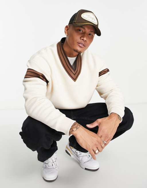 Asos Design Sweat Oversize à Col En V Et Liserés Blanc Cassé Asos