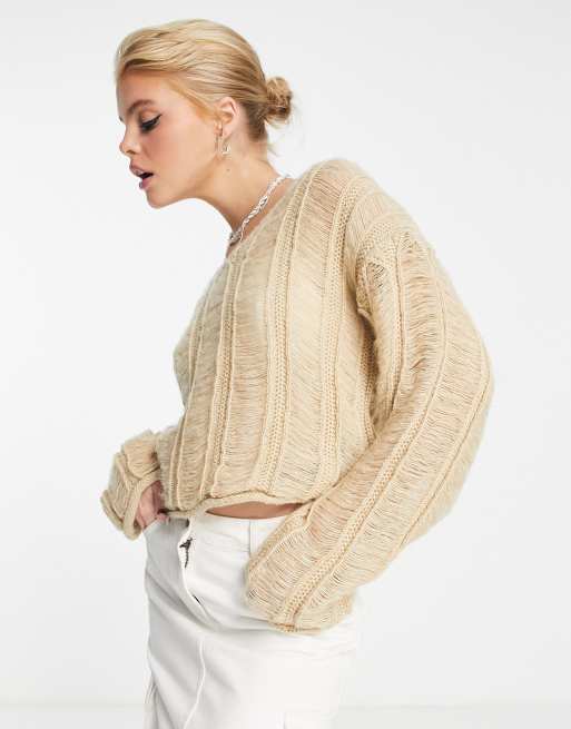 Asos Design Sweater In Open Slip Stitch In Stone Asos