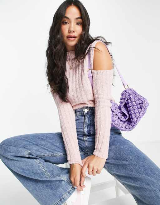 Asos Design Sweater In Rib With Cold Shoulder Detail Asos