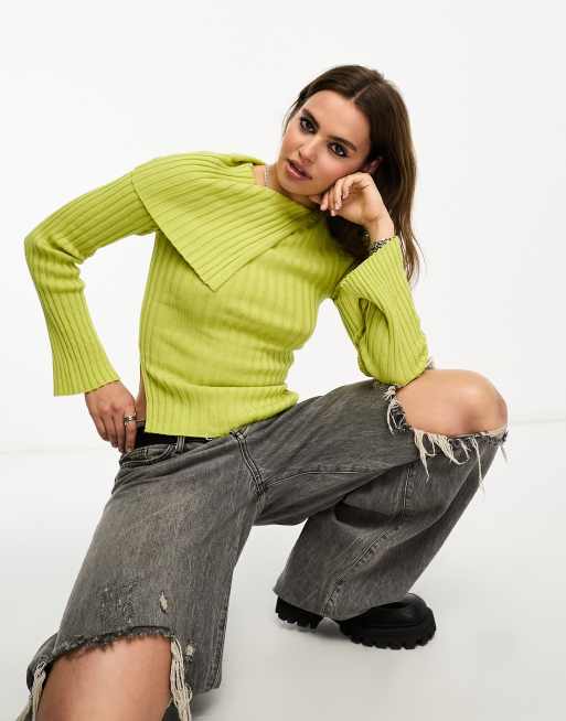 Asos Design Sweater With Asymmetric Neck In Rib In Lime Asos