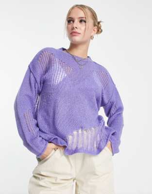 ASOS DESIGN sweater with distressed detail in loose stitch in lilac | ASOS