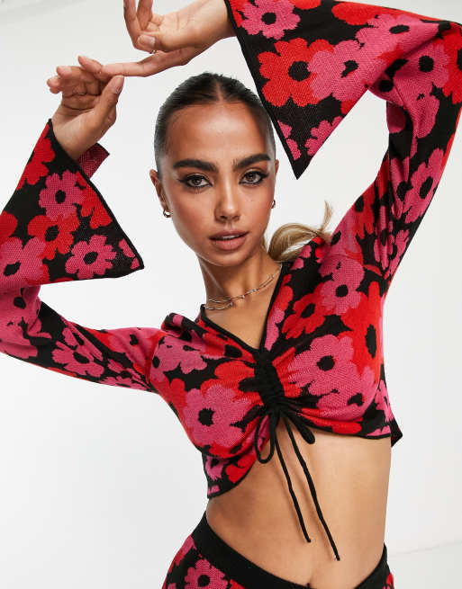 Asos Design Sweater With Ruched Front In Floral Pattern Part Of A Set