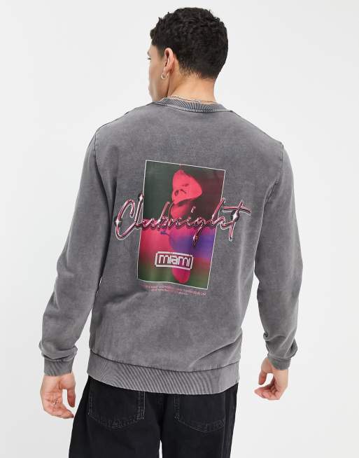 ASOS DESIGN sweathshirt in black vintage wash with clubnight prints | ASOS