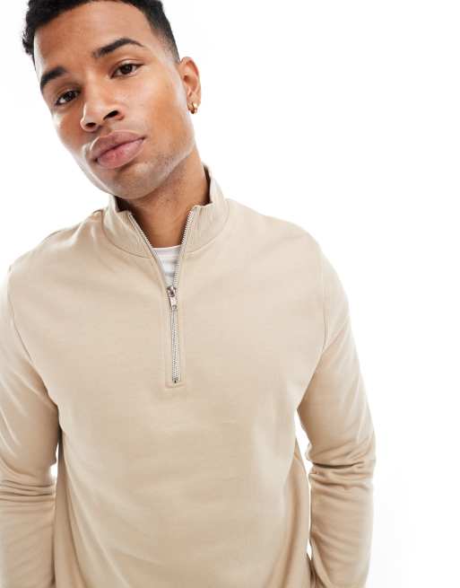 ASOS DESIGN sweatshirt with quarter zip in beige | ASOS