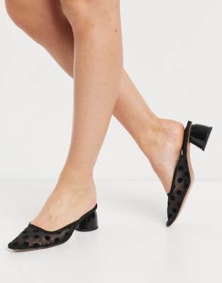 ASOS DESIGN Sweet Pea square toe mid heeled mules in mesh spot | ASOS