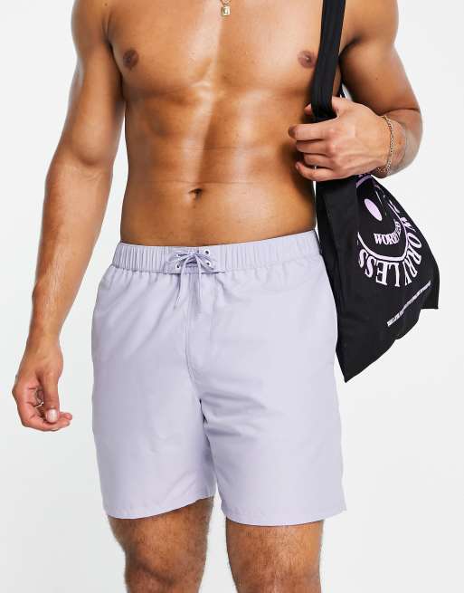 ASOS DESIGN swim shorts in mid length with eyelets in light blue | ASOS