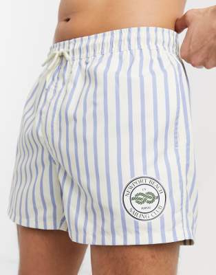 ASOS DESIGN swim shorts in short length with beach club logo in blue ...