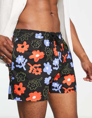 ASOS DESIGN swim shorts in short length with floral print in black | ASOS