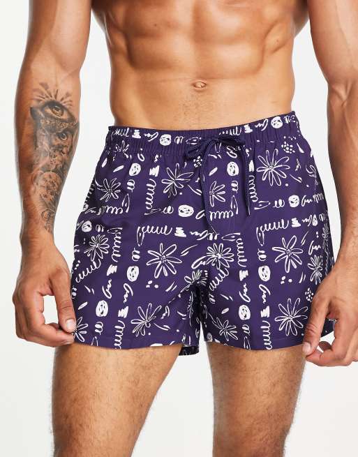 ASOS DESIGN swim shorts in short length with scribble floral print in ...