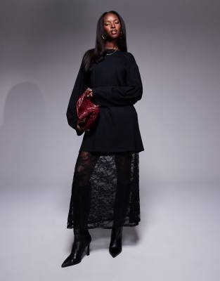 ASOS DESIGN - T-shirt 2-en-1 avec jupe mi-longue en dentelle - Noir | ASOS