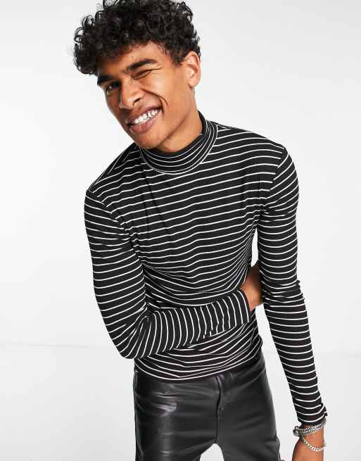 ASOS DESIGN - T-shirt ajusté rayé avec col montant et manches longues - Noir et blanc | ASOS