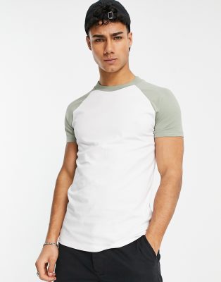 ASOS DESIGN t-shirt in white with khaki raglan sleeves | ASOS