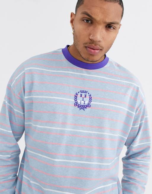 Asos Design T Shirt Manches Longues Oversize à Rayures Avec Broderie