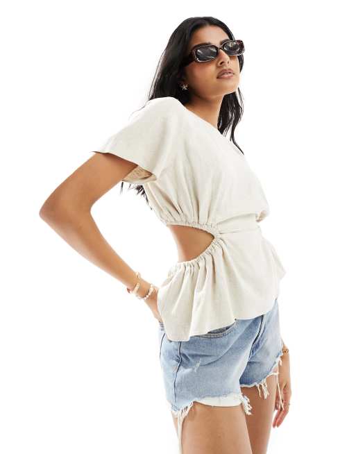 Asos Design T Shirt Met Linnenlook En Open Achterkant In Naturel Asos