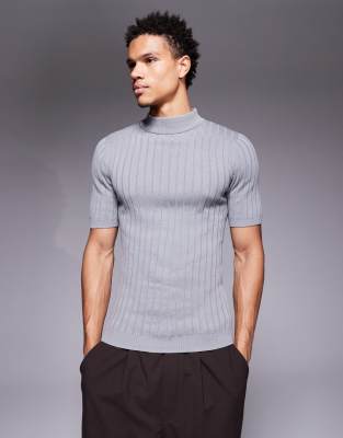 ASOS DESIGN - T-shirt moulant en maille côtelée avec col roulé - Gris | ASOS