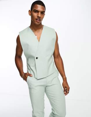 ASOS DESIGN tabard waistcoat linen mix suit jacket in sage | ASOS