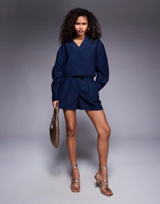ASOS DESIGN tailored cropped textured blazer and shorts with belt co ...