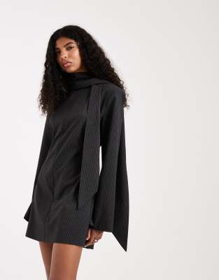 ASOS DESIGN tailored mini dress with scarf detail in grey stripe | ASOS